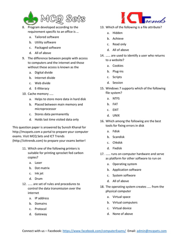 PSC Question Paper of Computer Operator Examination of 2016 | PDF