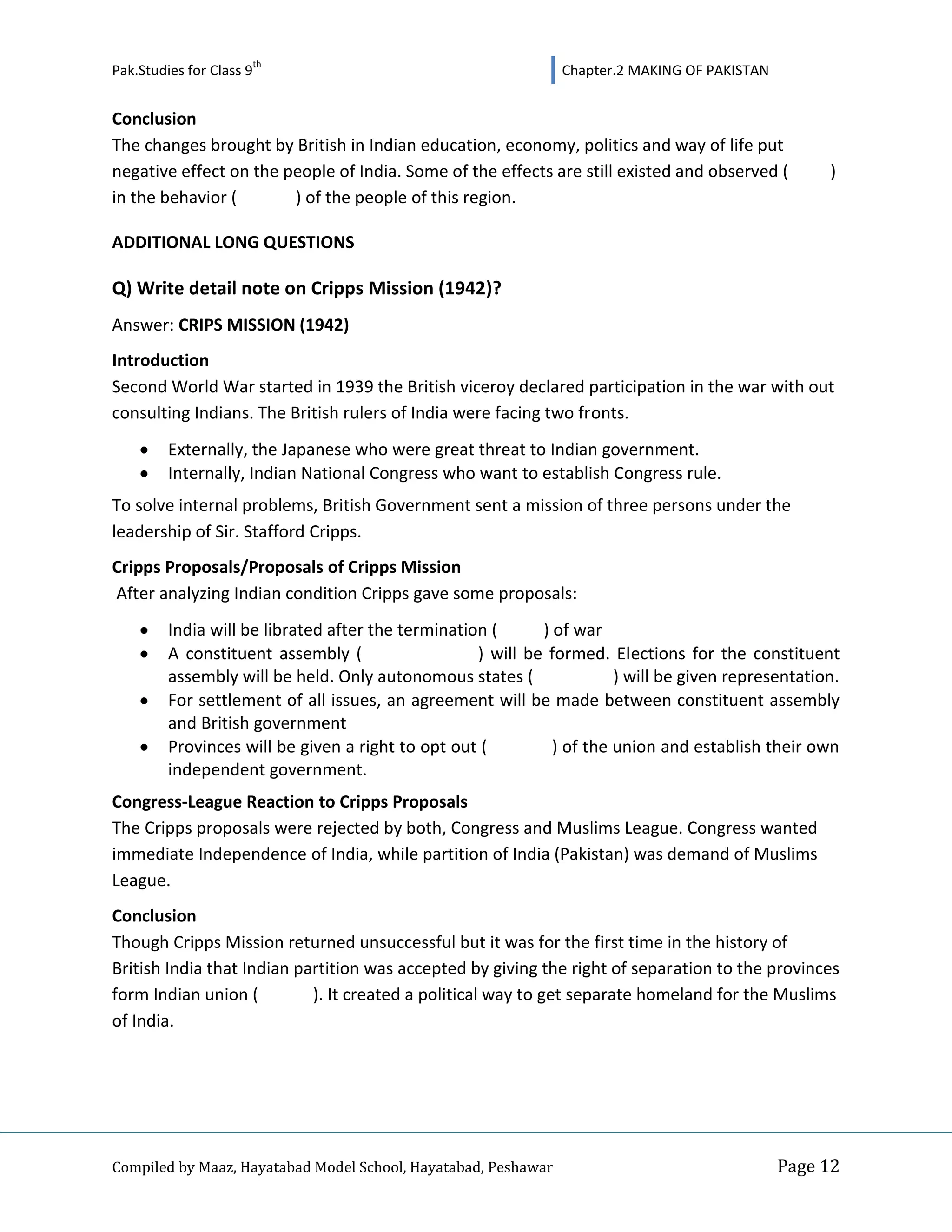 Pakistan studies for class 9th Notes | DOCX