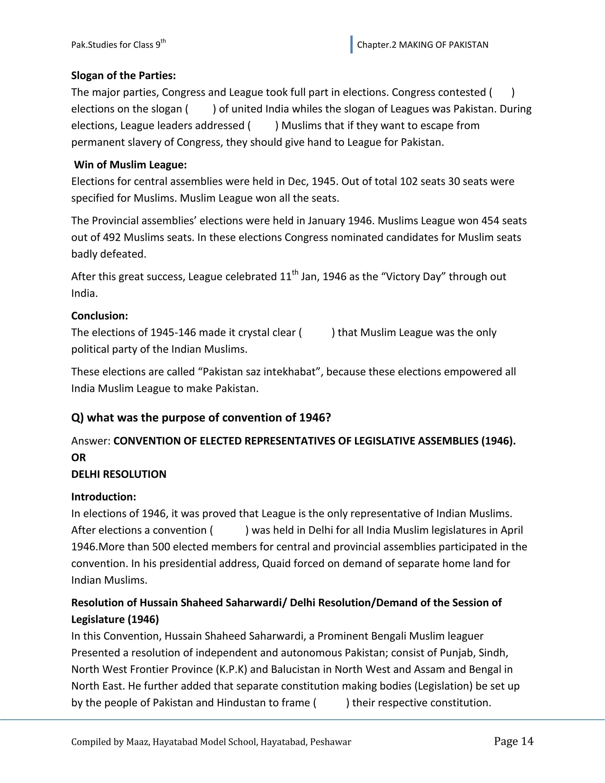 Pakistan studies for class 9th Notes | DOCX