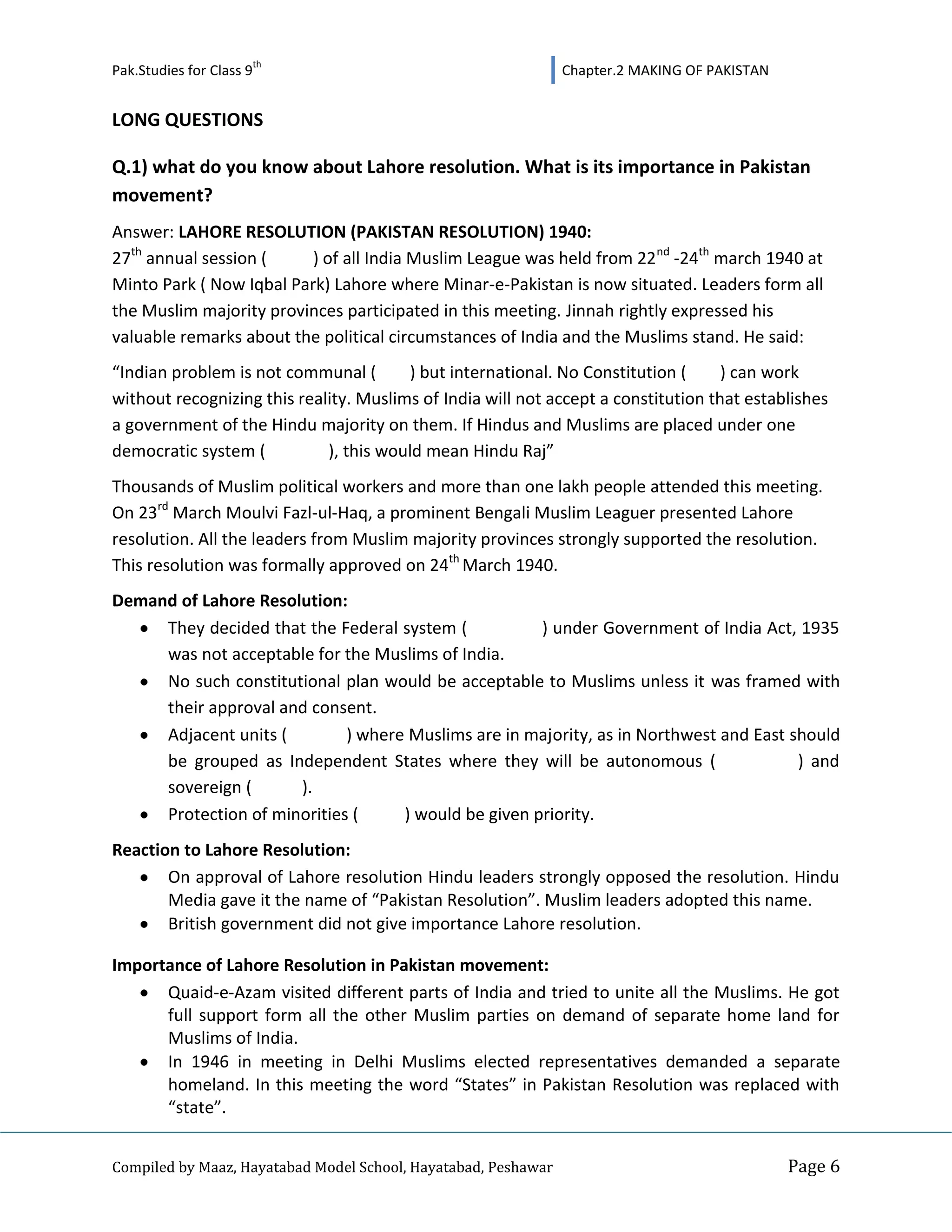 Pakistan studies for class 9th Notes | DOCX
