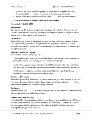 Pakistan studies for class 9th Notes | DOCX