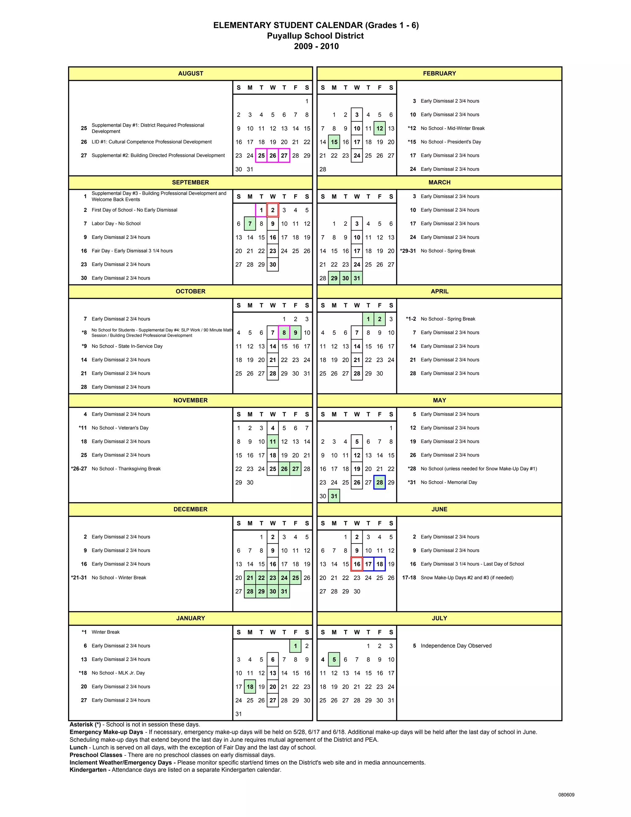 Elementary Calendar 09 10 | PDF