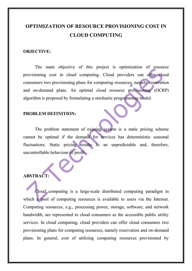 Psdot 1 optimization of resource provisioning cost in cloud computing | PDF