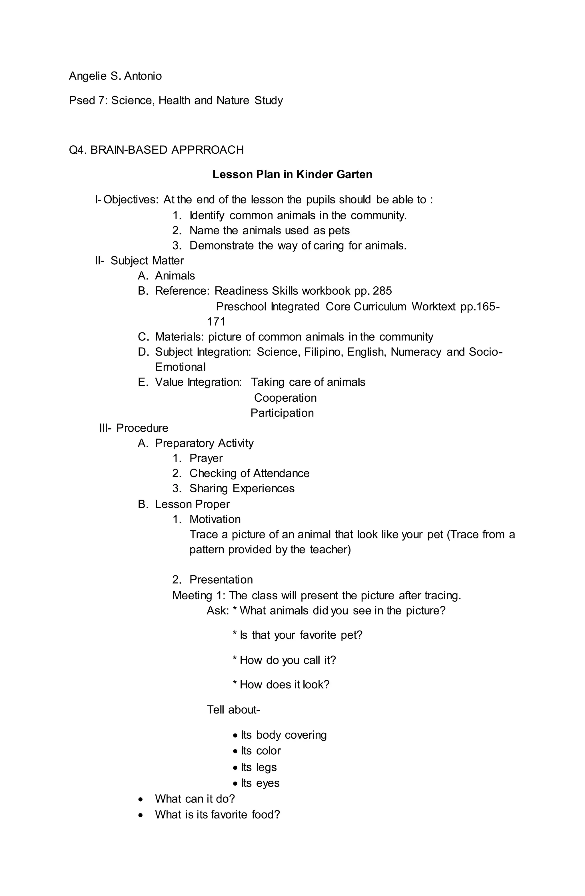 Psed 7 brain based lesson plan | DOCX