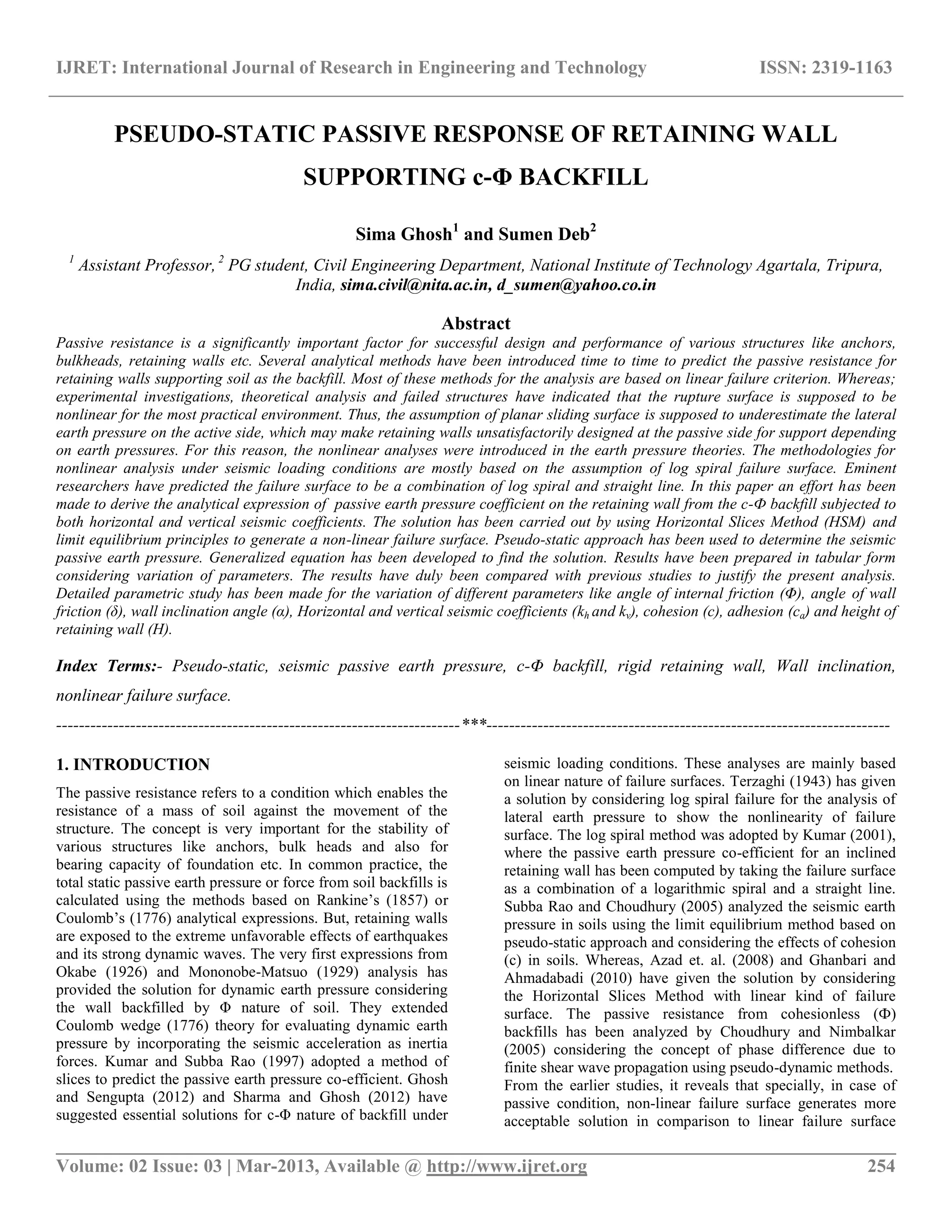Pseudo static passive response of retaining wall supporting c-φ ...
