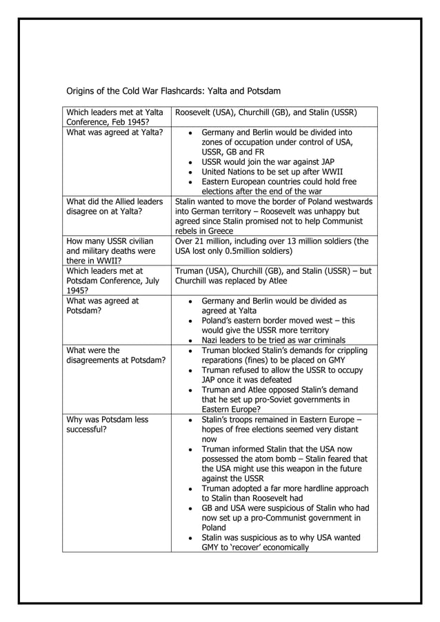 Psh 2012 origins cold war revision pack | DOCX