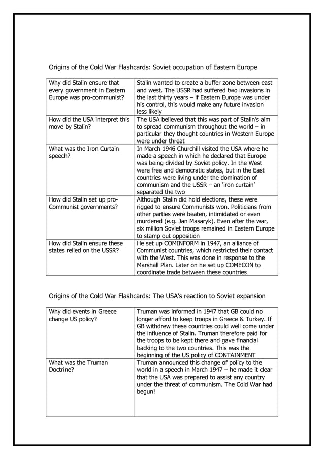 Psh 2012 origins cold war revision pack | DOCX