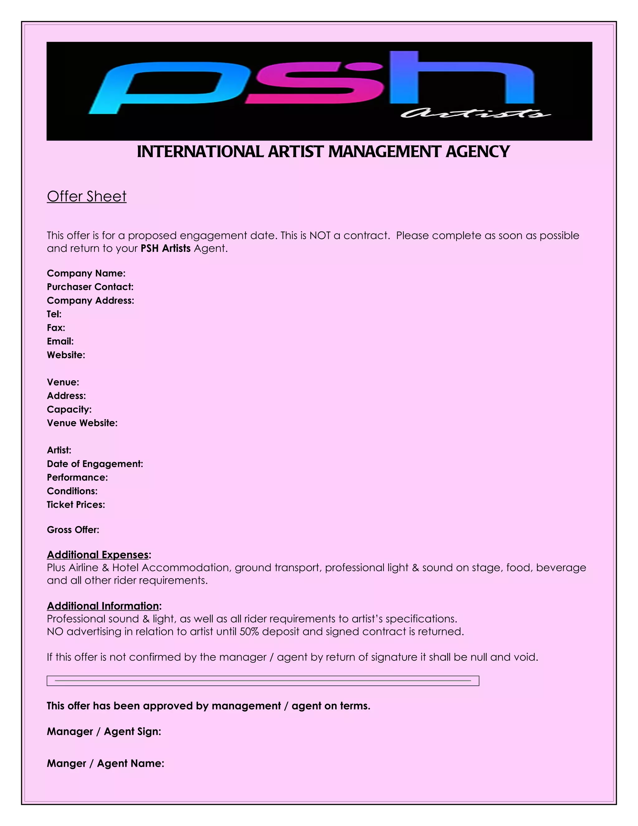 Psh artists artist offer sheet | DOC