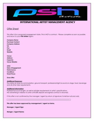 Psh artists artist offer sheet | DOC