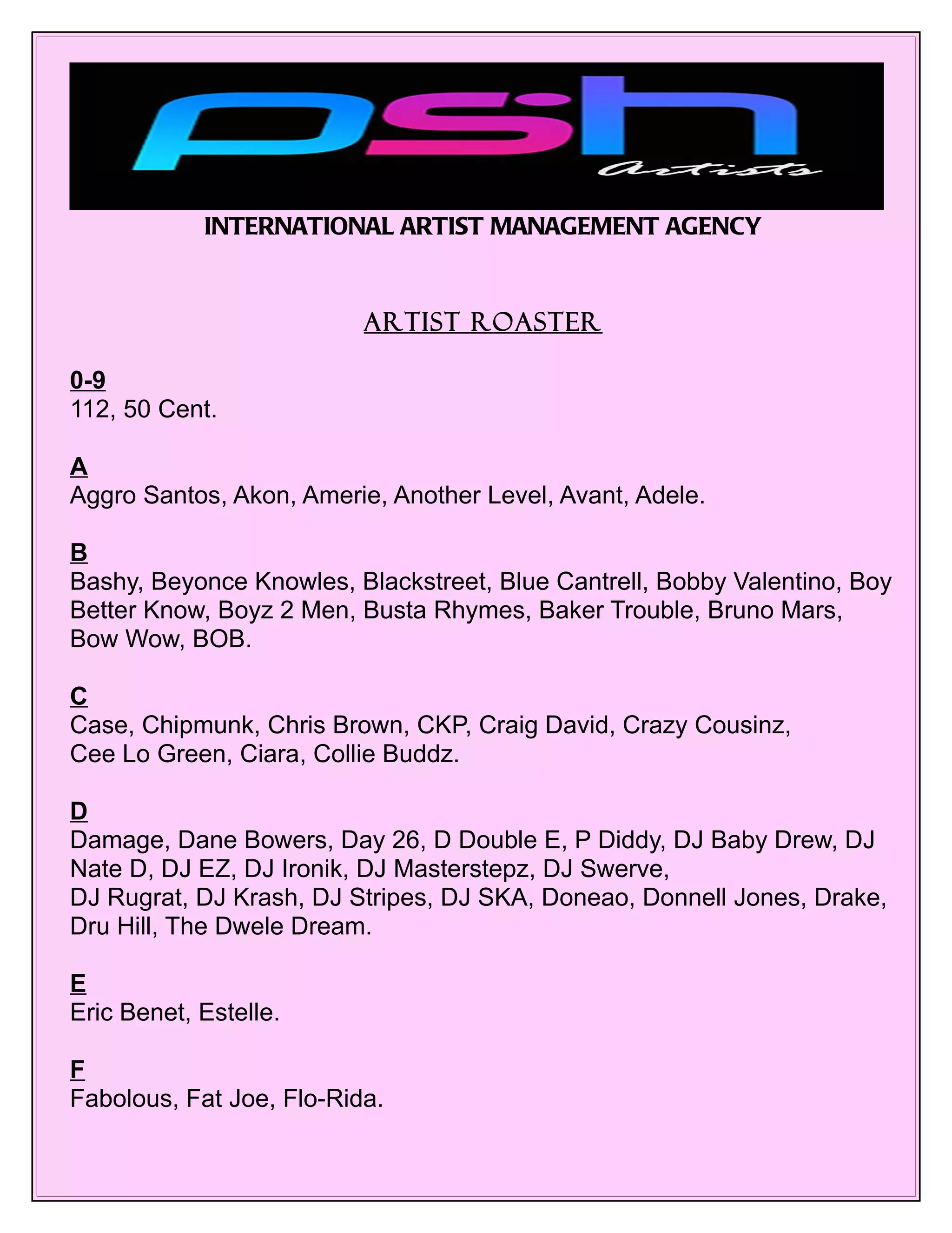 Psh artists international artist roaster | DOC