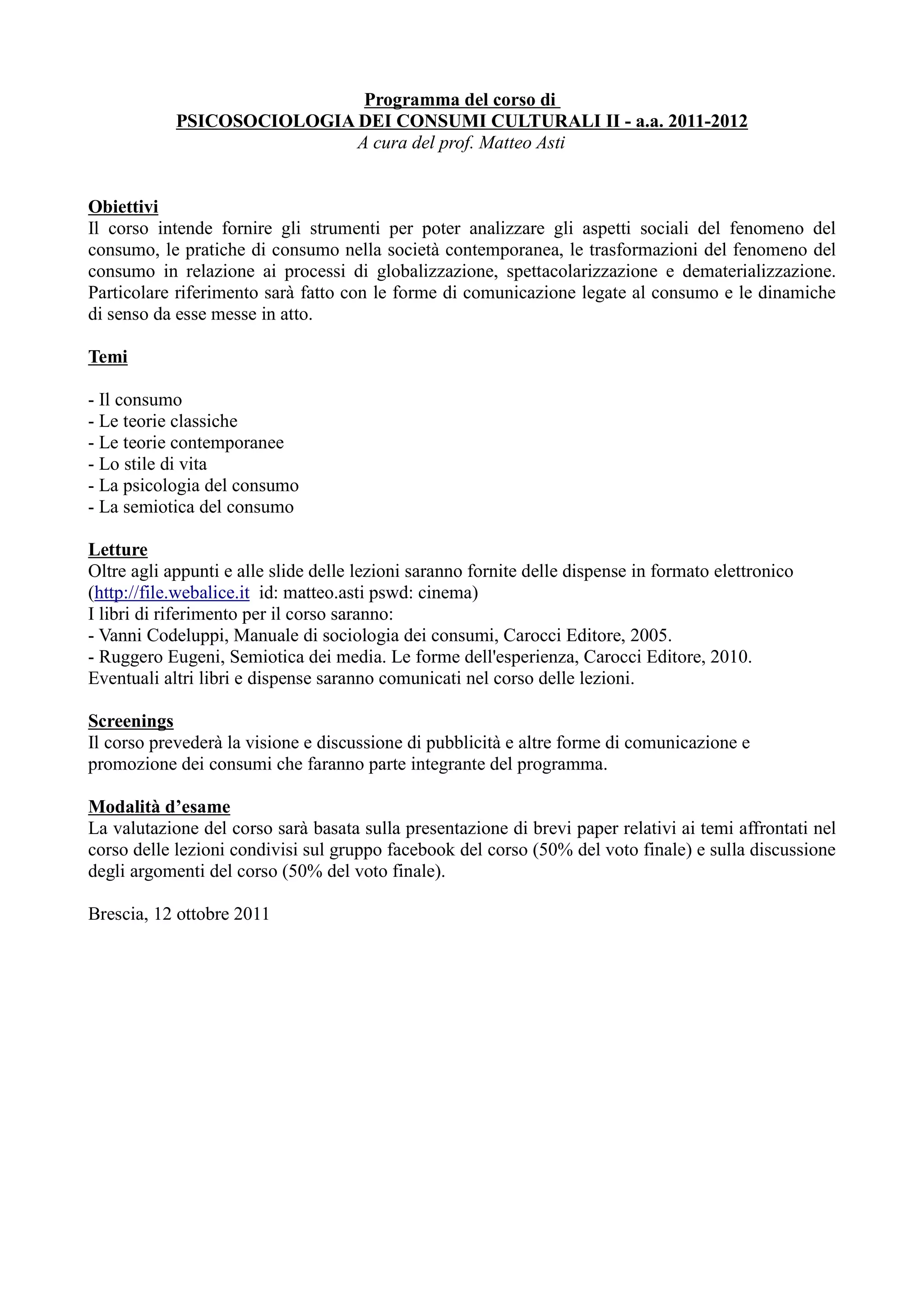 Psicosociologia dei consumi culturali II 0. Programma | PDF