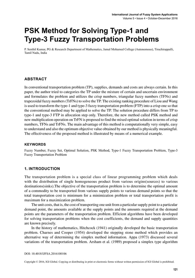 PSK Method for Solving Type-1 and Type-3 Fuzzy Transportation Problems | PDF