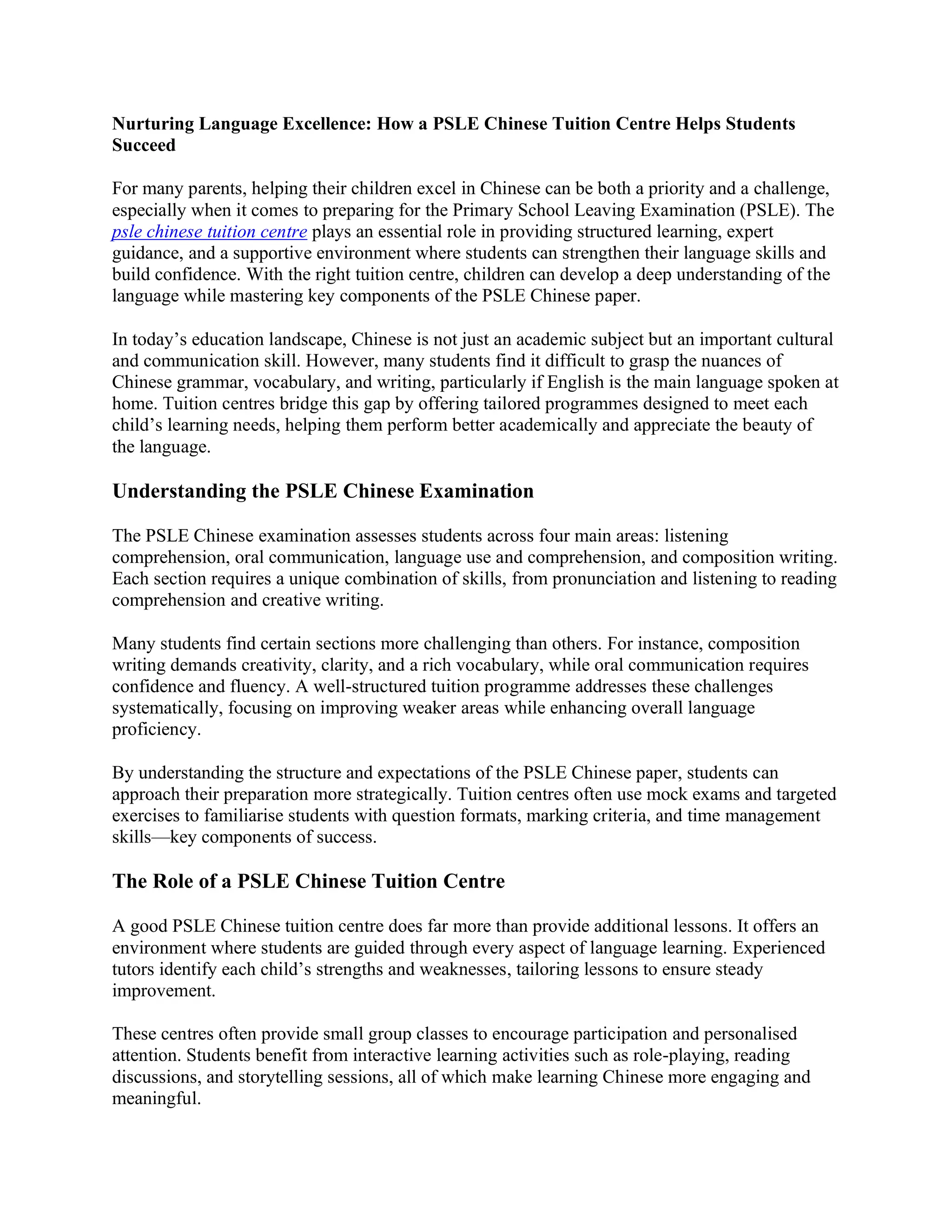Nurturing Language Excellence: How a PSLE Chinese Tuition Centre Helps ...