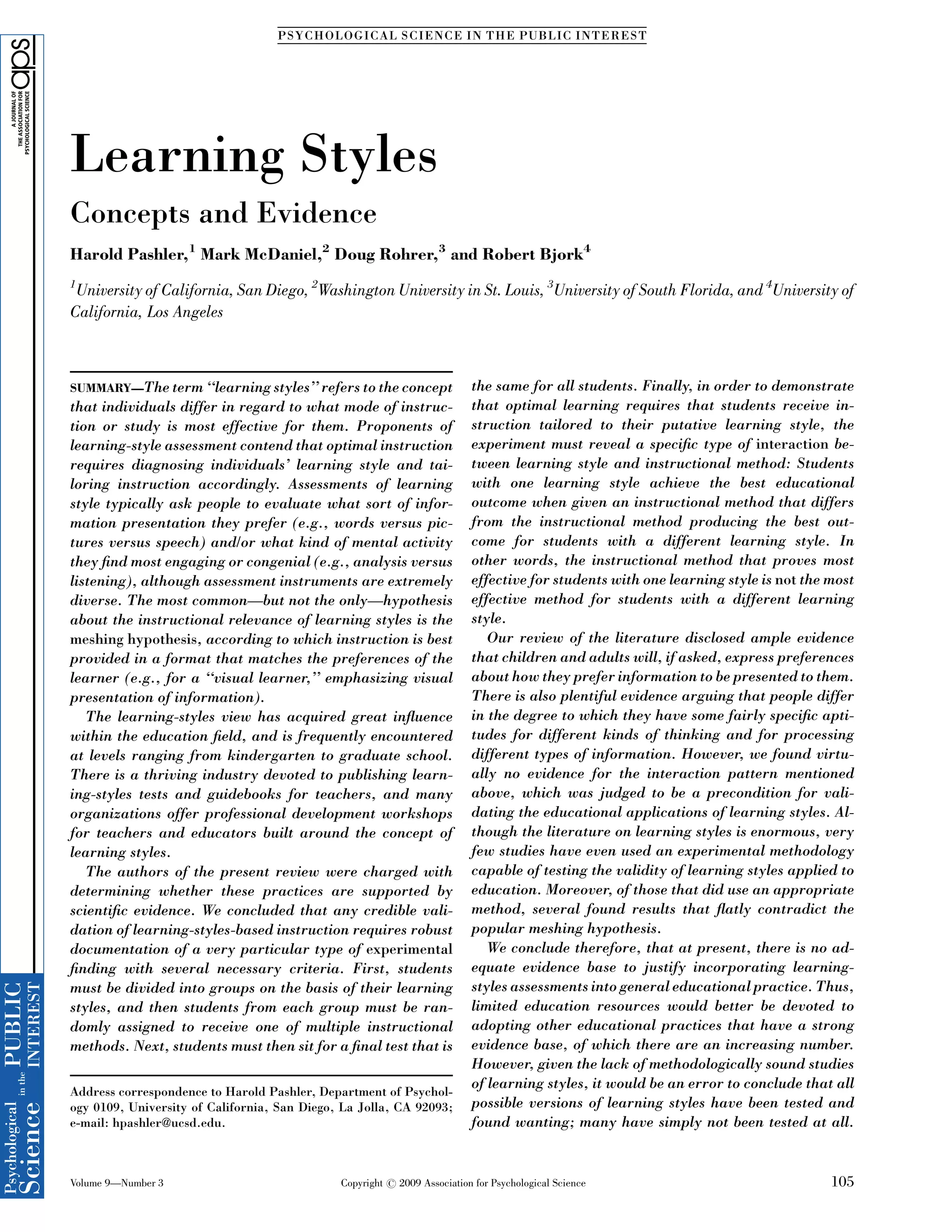 Learning Styles: Concepts and Evidence. Harold Pashler, Mark McDaniel ...