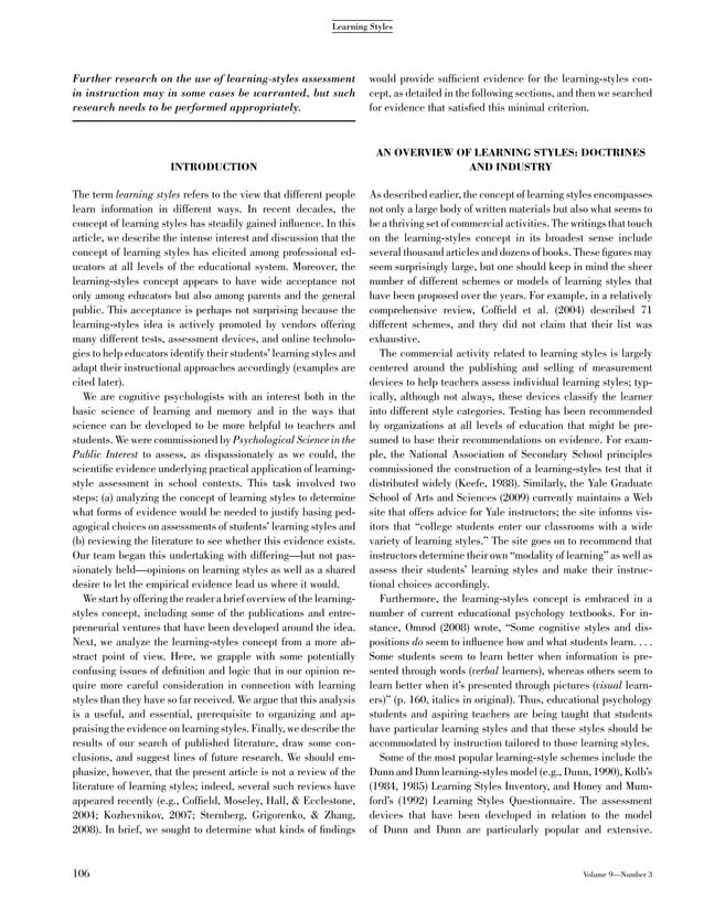 Learning Styles: Concepts and Evidence. Harold Pashler, Mark McDaniel ...