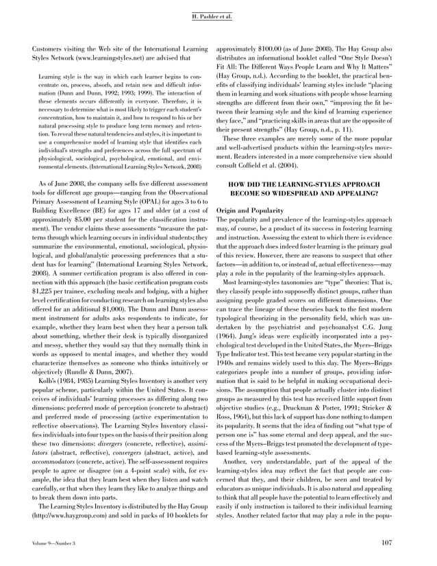 Learning Styles: Concepts and Evidence. Harold Pashler, Mark McDaniel ...