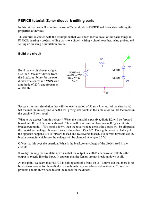 PSPICE tutorial: Zener diodes & editing parts | PDF | Technology & Computing
