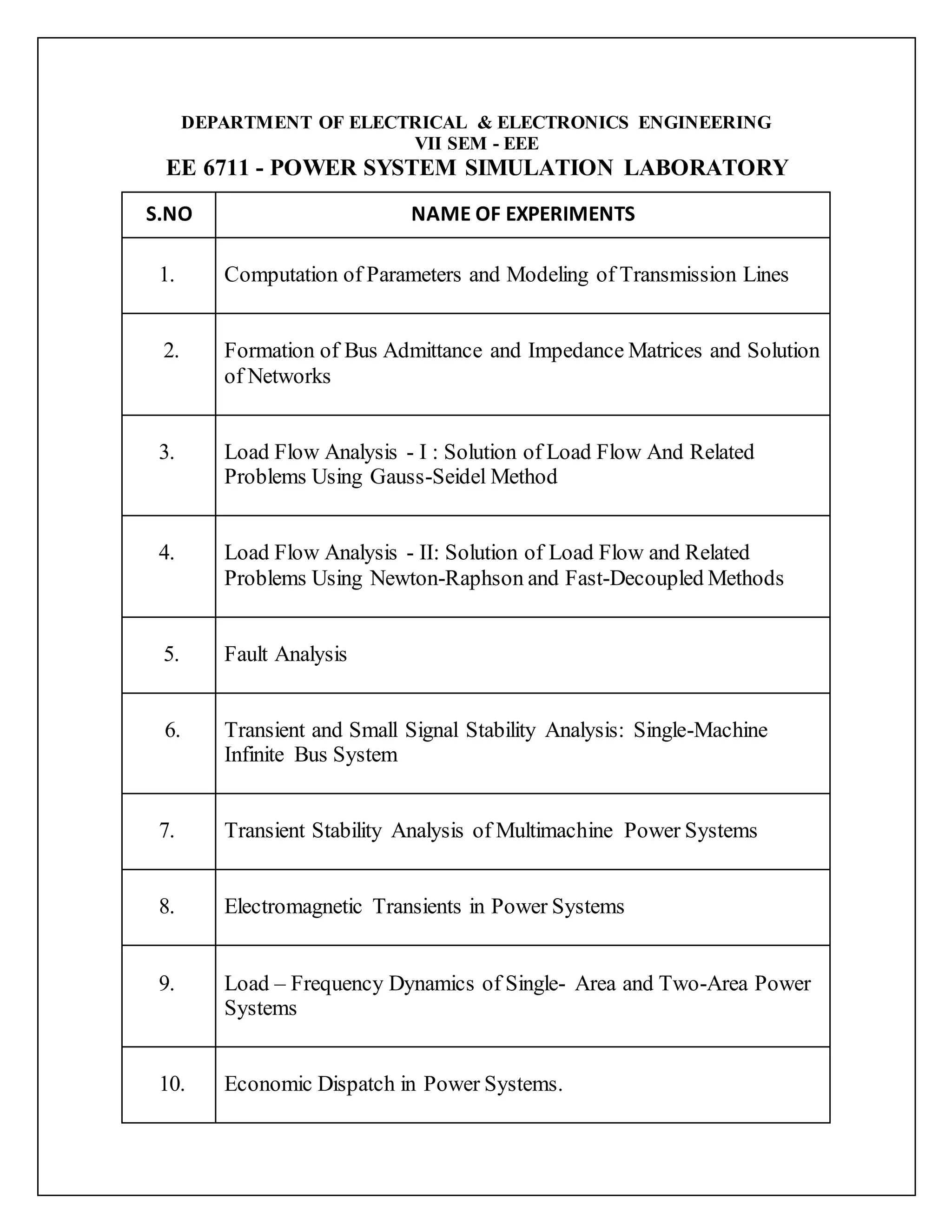 Power System Simulation Laboratory Manual | DOCX