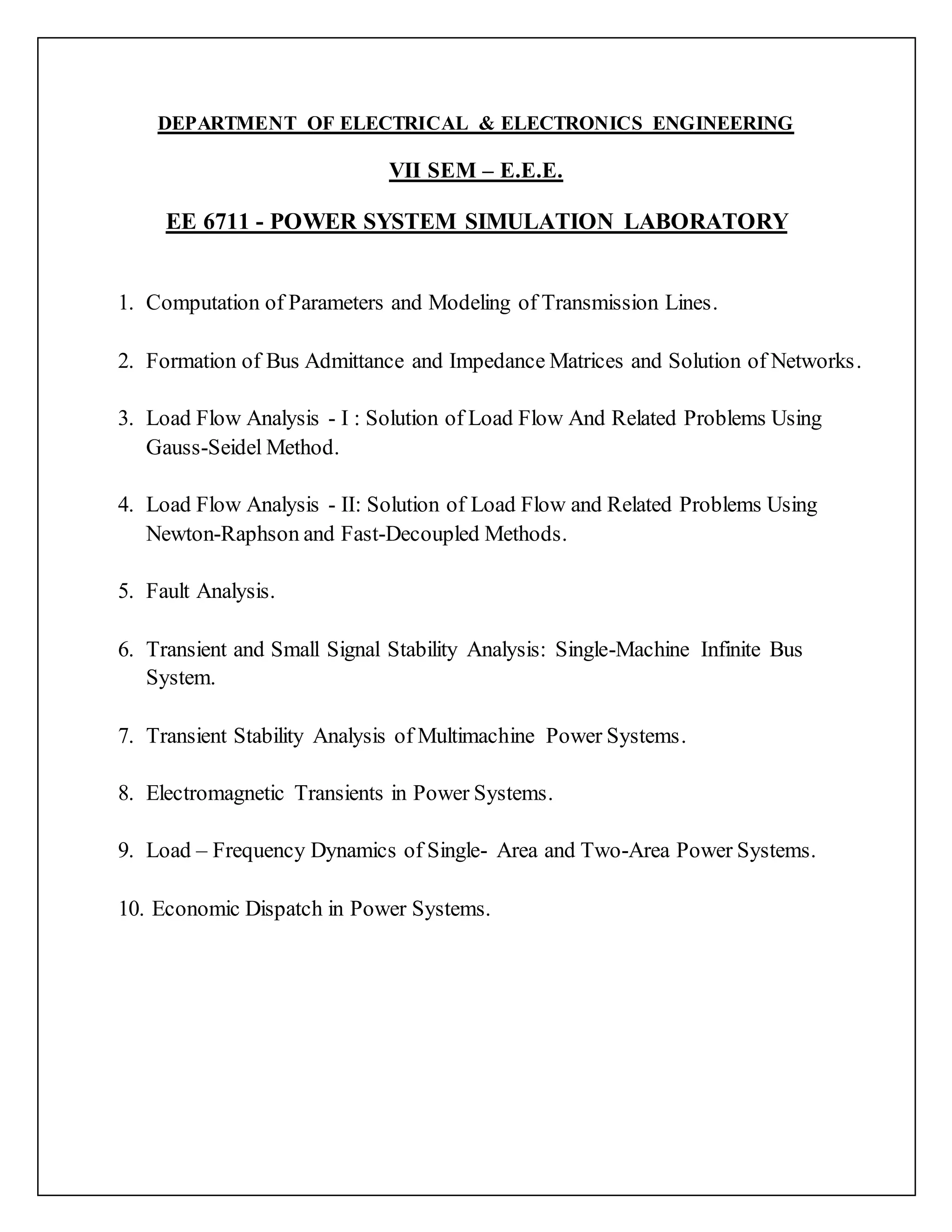 Power System Simulation Laboratory Manual | DOCX