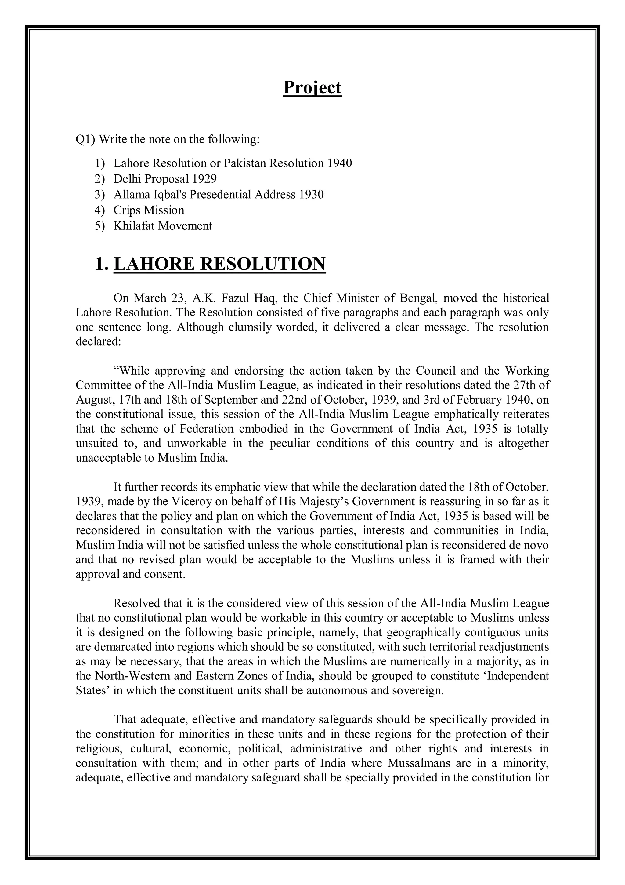 Short note Lahore Resolution or Pakistan Resolution 1940, Delhi ...