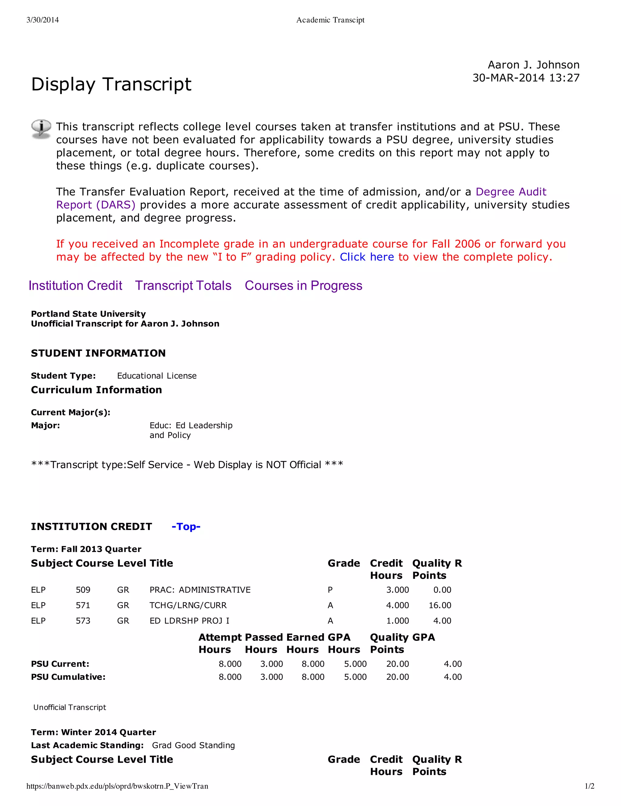 PSU Administration Licence Unofficial Transcript (as of March 2014) | PDF