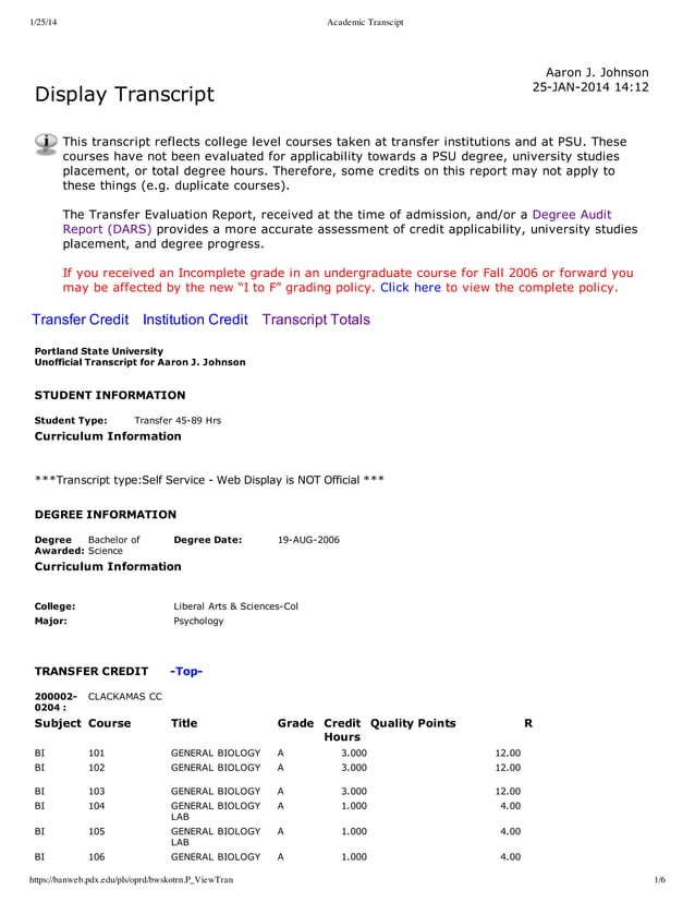 PSU Undergrad Unofficial Transcripts | PDF