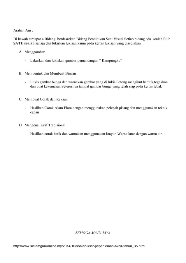 Kertas Soalan Pendidikan Seni Visual Tahun 5 KSSR | DOC