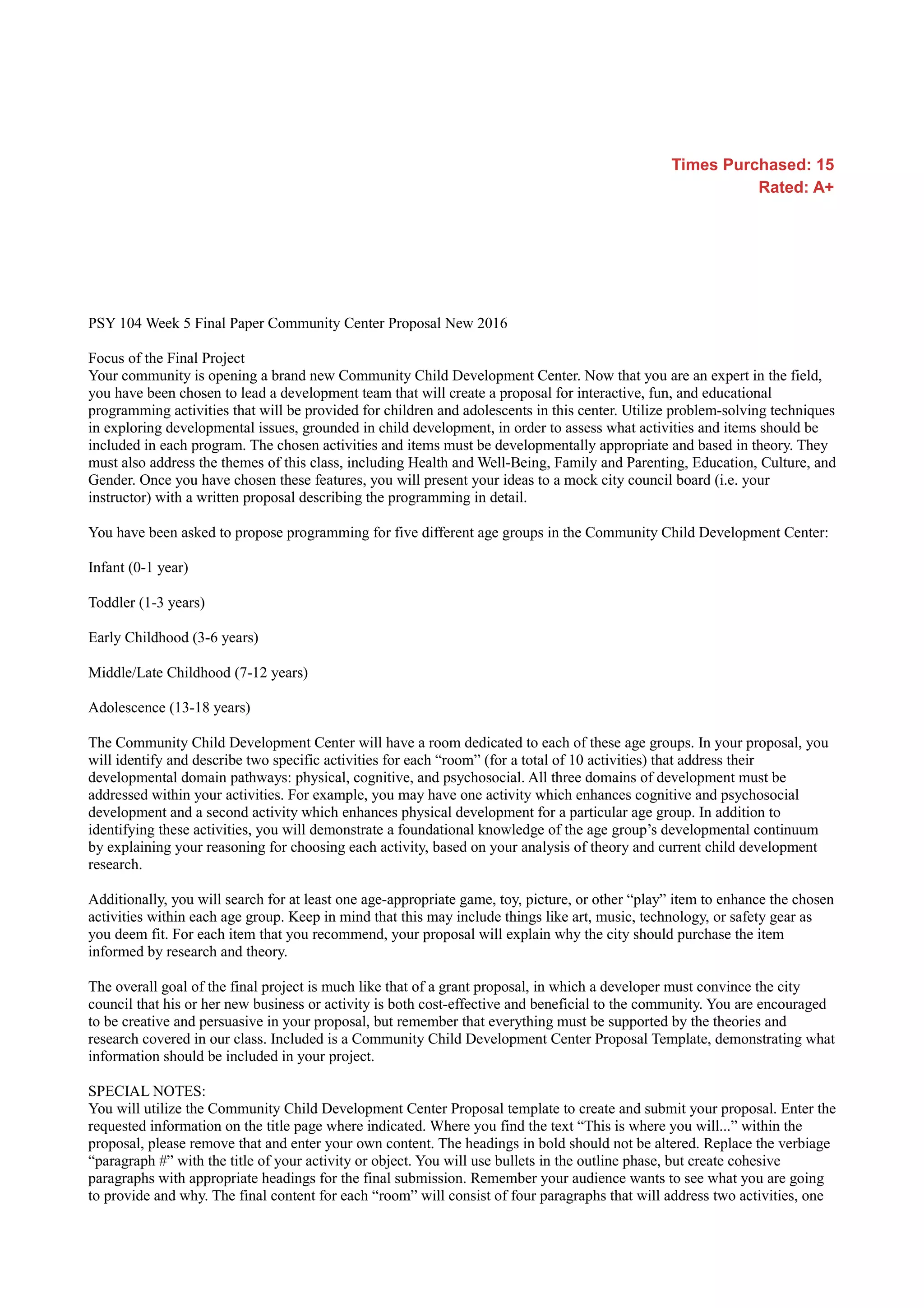 Psy 104 week 5 final paper community center proposal new 2016 | ODT