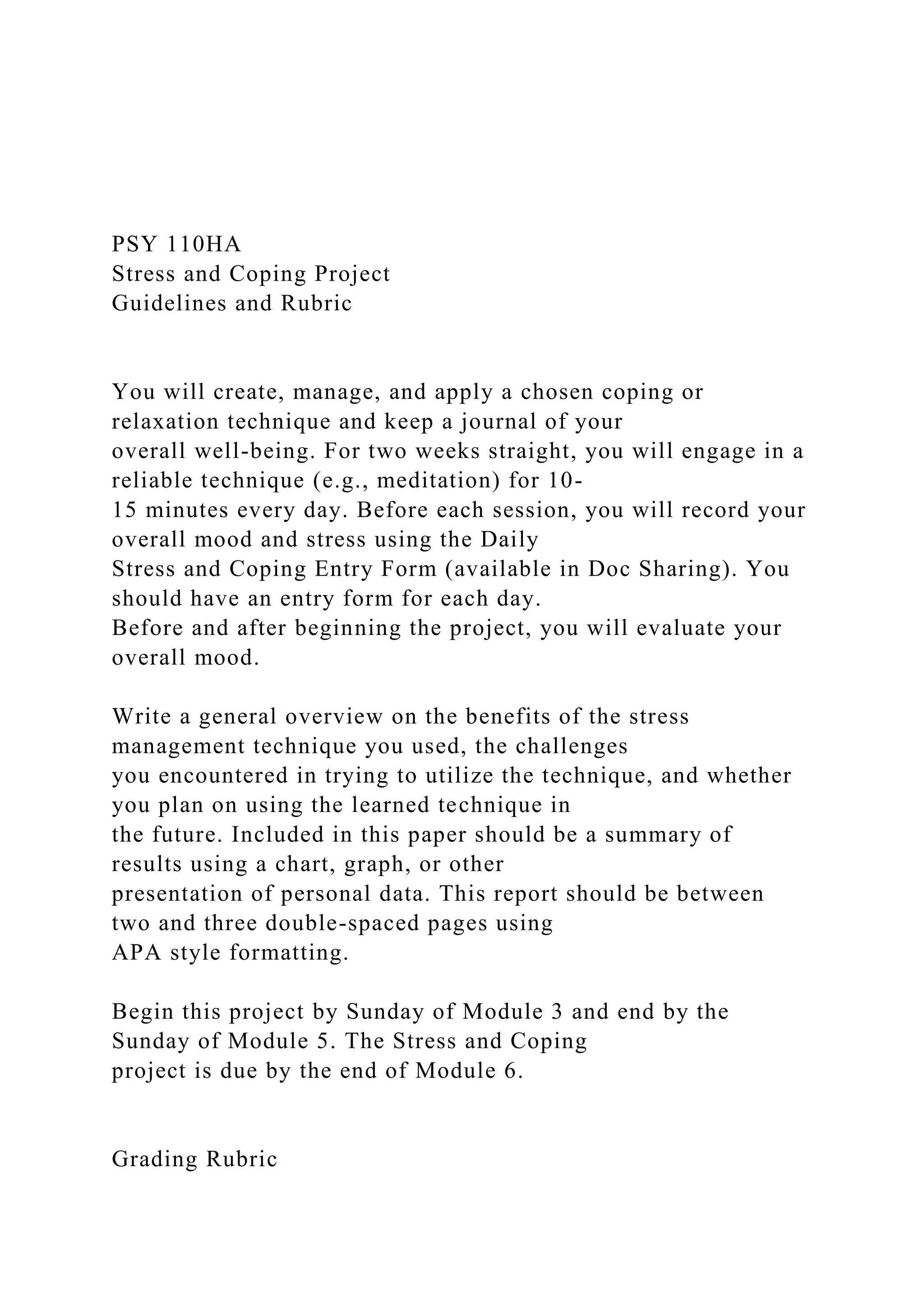 PSY 110HA Stress and Coping Project Guidelines and Rubric .docx ...