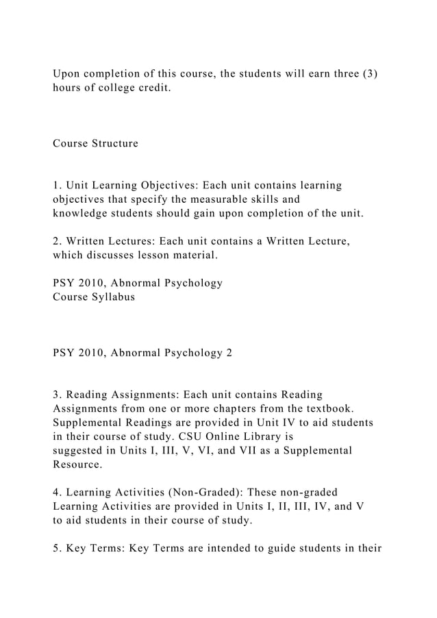 PSY 2010, Abnormal Psychology 1 Course Description .docx