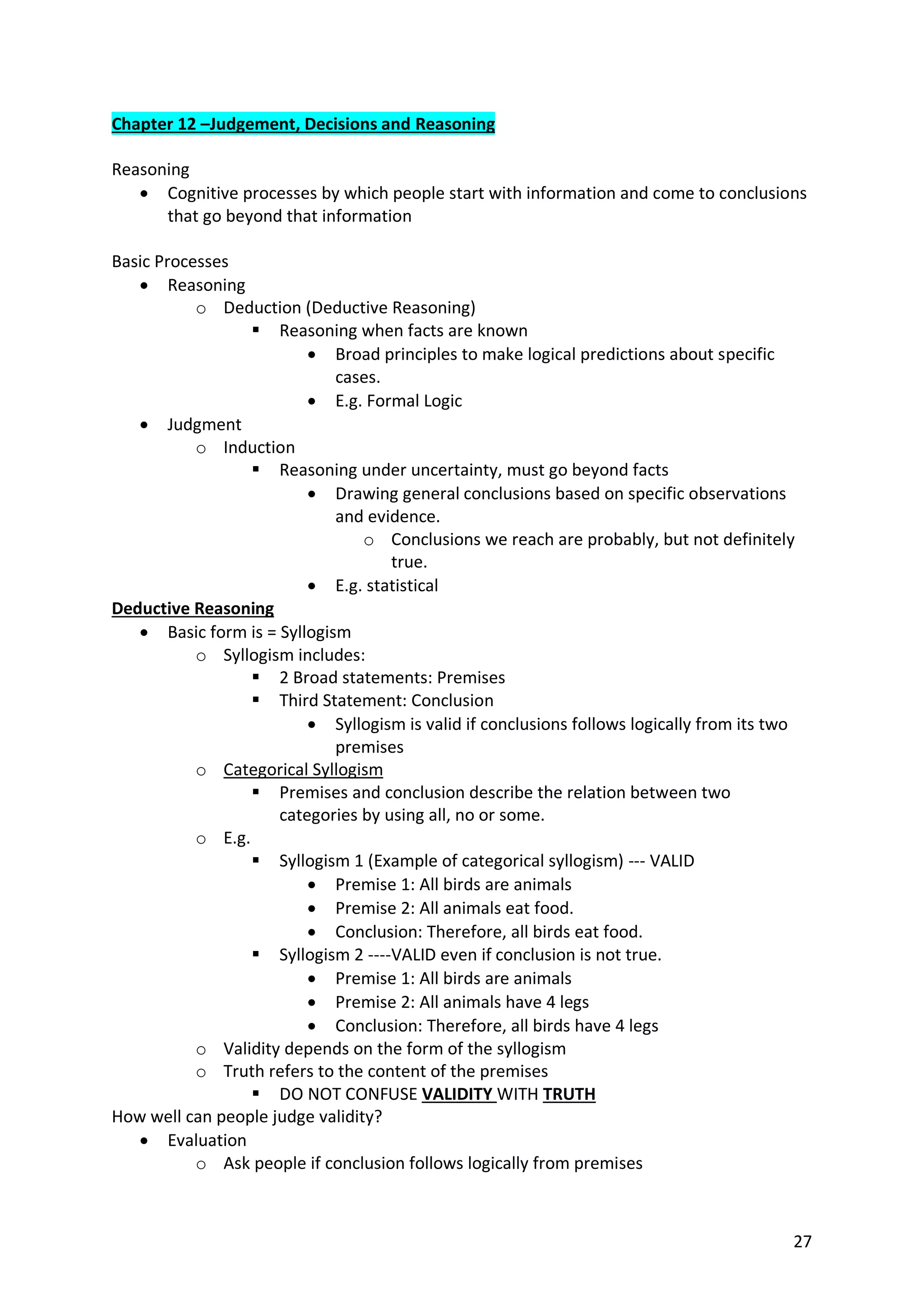 PSY 341 Judgement, Decisions, Reasoning Notes Abyana | PDF