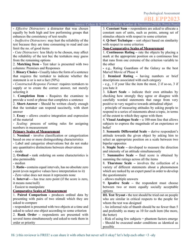 BLEPP Reviewer - Psychological Assessment | PDF | Educational ...