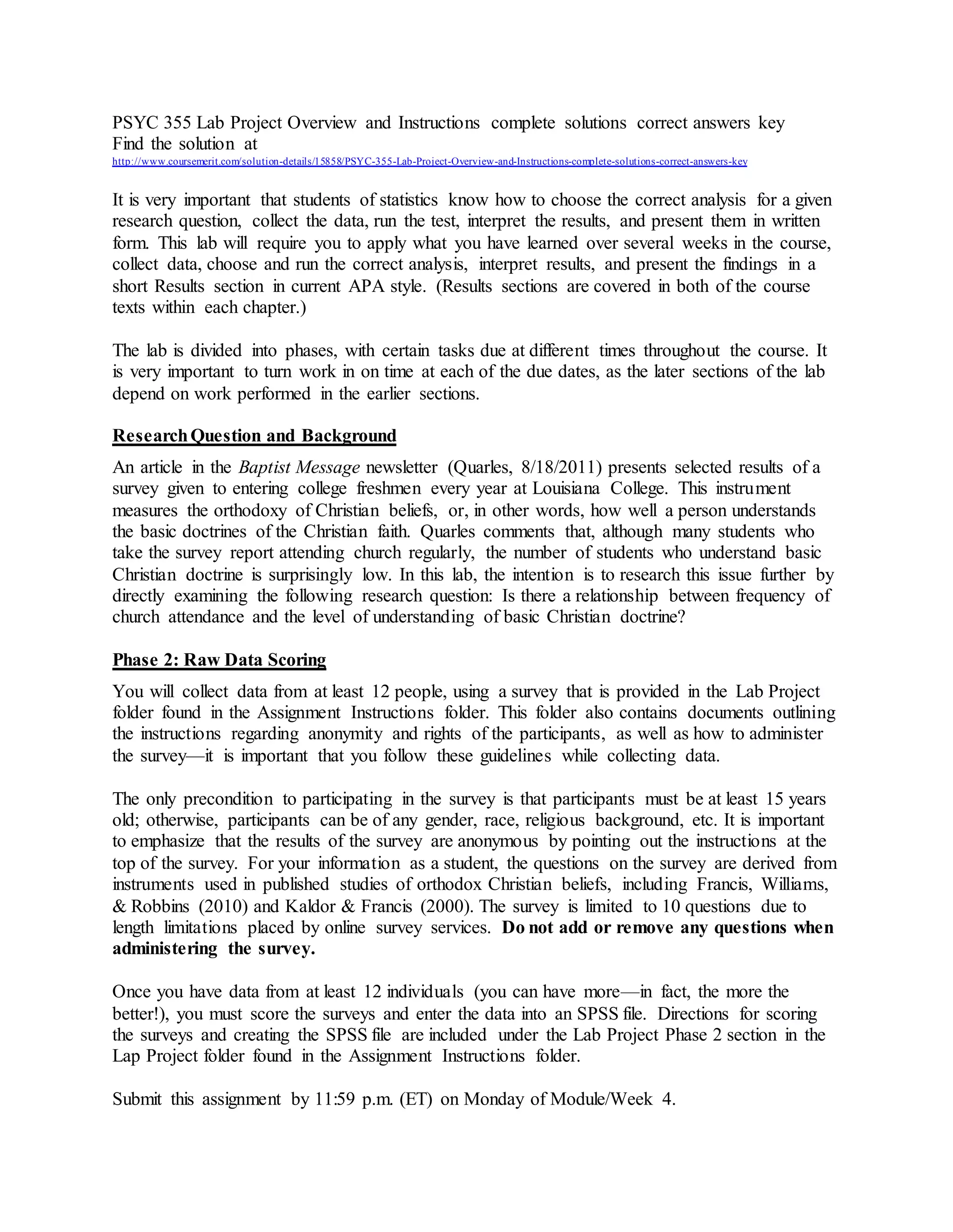 Psyc 355 Lab Project Overview And Instructions Complete Solutions Correct Answers Key Pdf