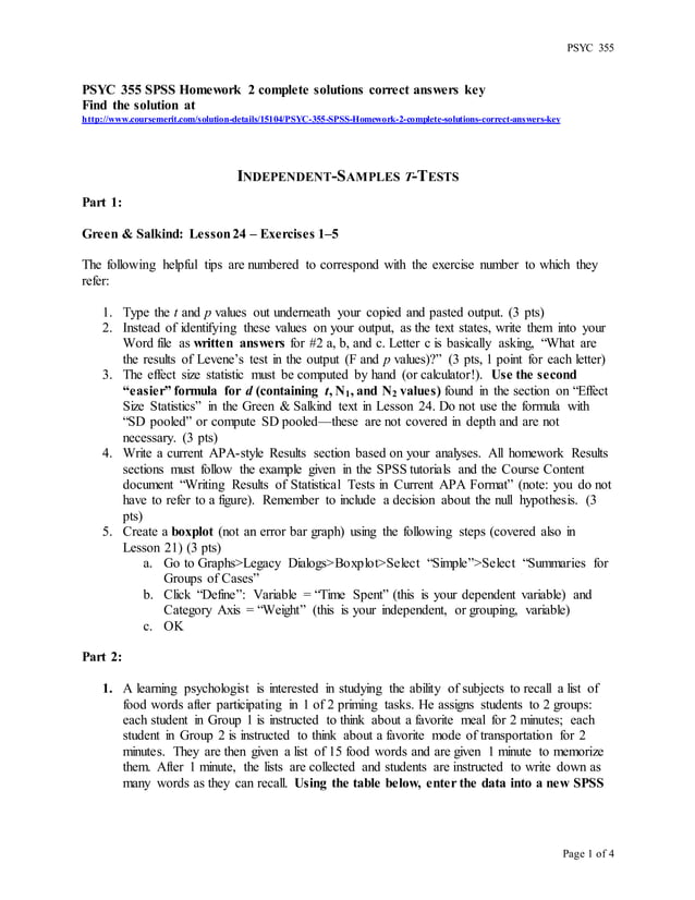 Psyc 355 spss homework 2 complete solutions correct answers key | PDF