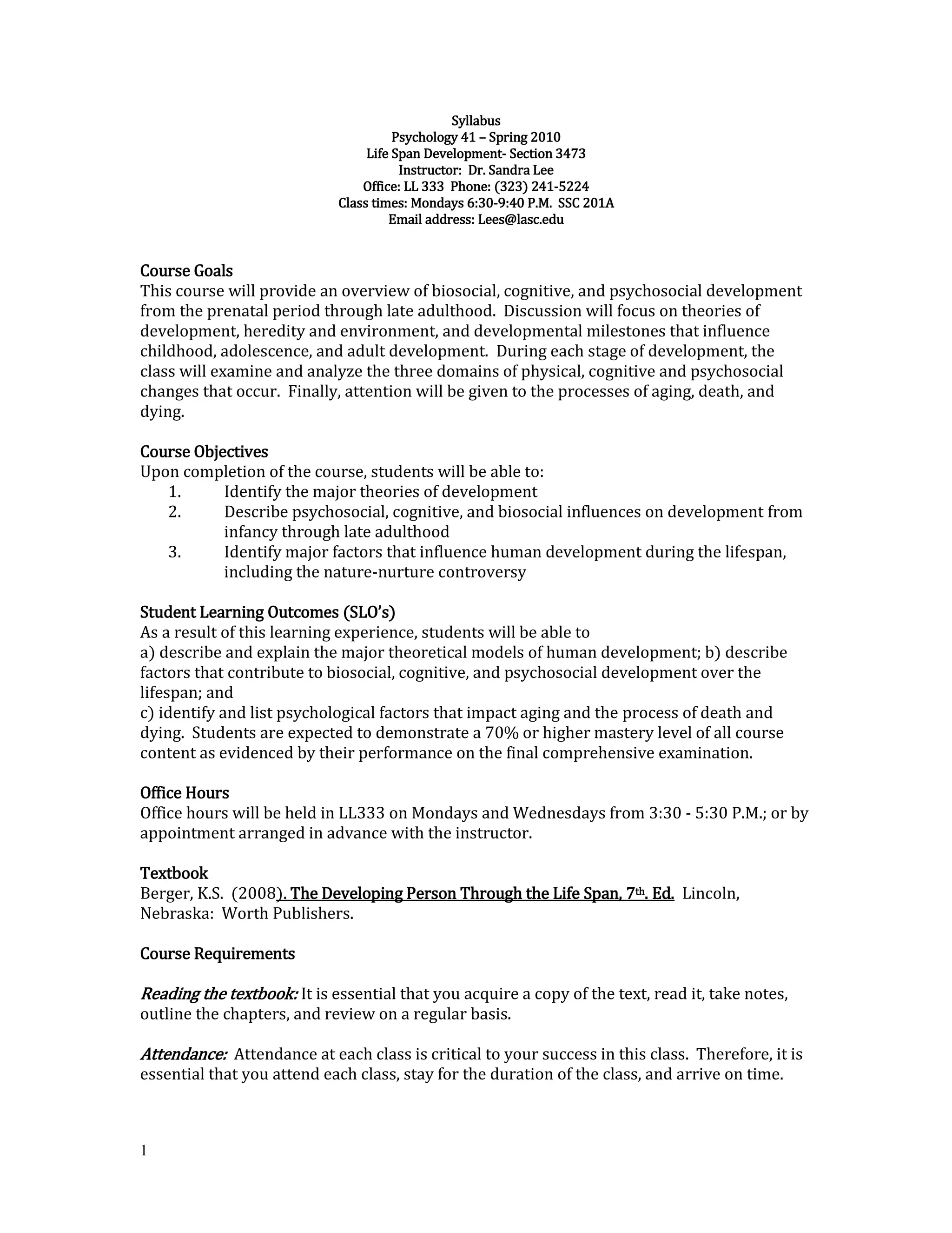 Psych 41 Syllabus Spring 2010 | DOCX