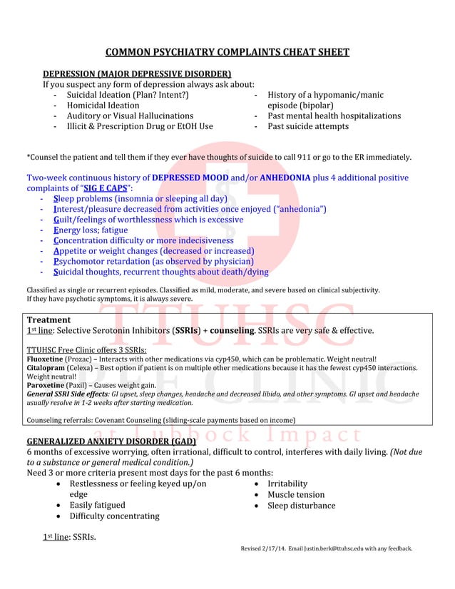 Psychiatry Cheat Sheet (MDD, GAD, Bipolar) | DOCX | Mental Health ...