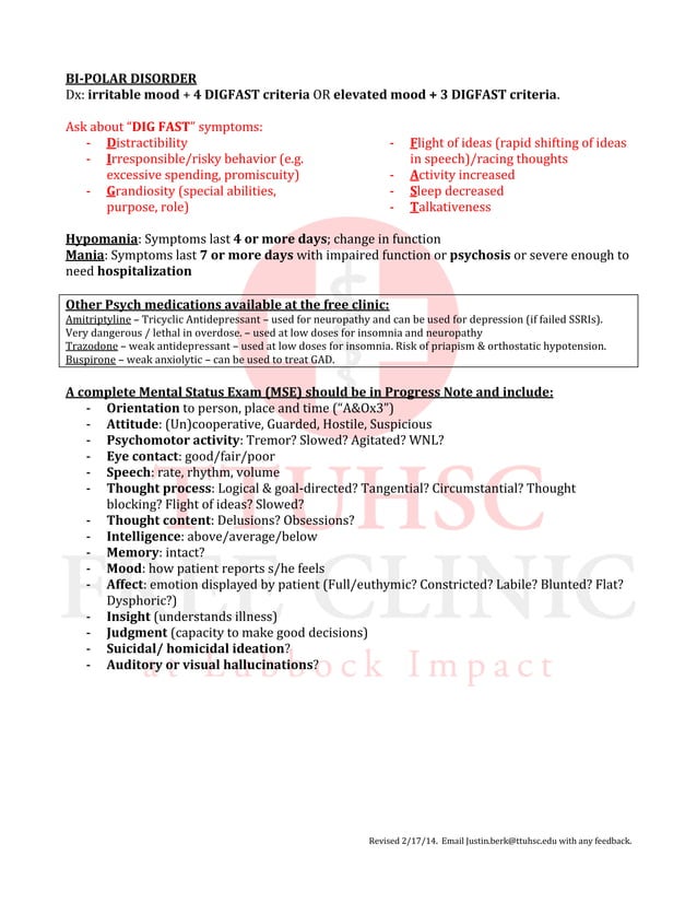 Psychiatry Cheat Sheet (MDD, GAD, Bipolar) | DOCX | Mental Health ...