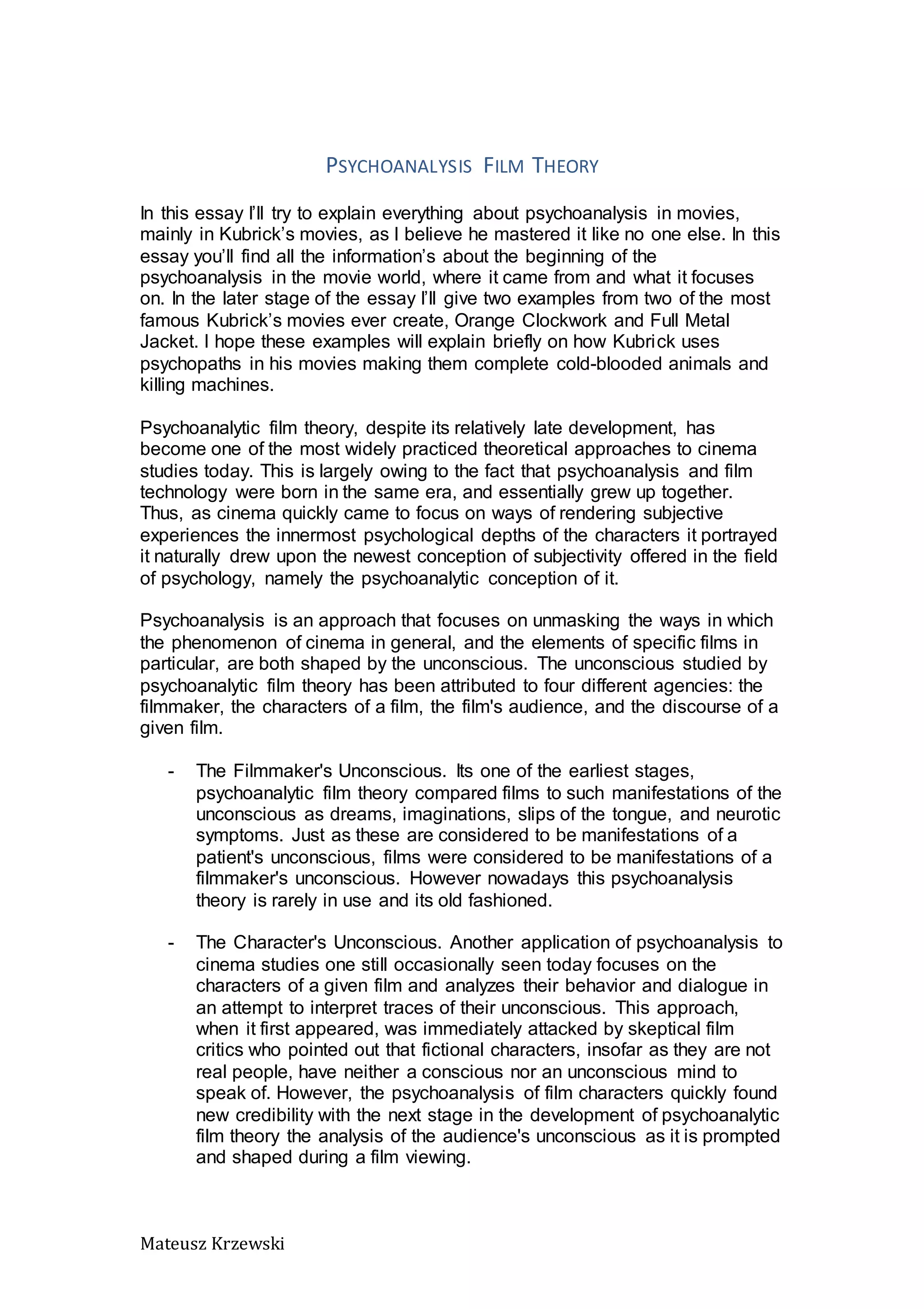 Psychoanalysis film theory Essay | DOCX