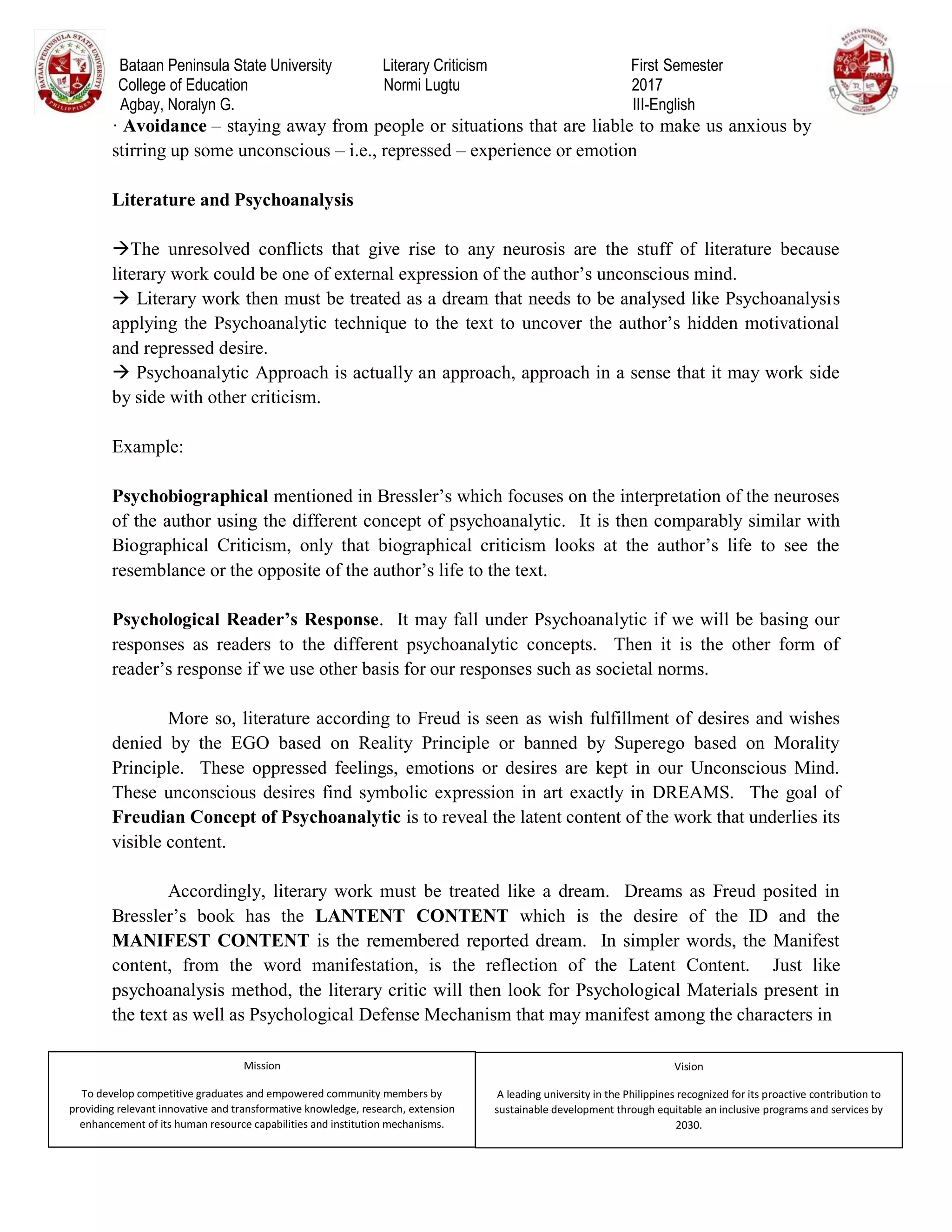 Psychoanalytic handout | PDF