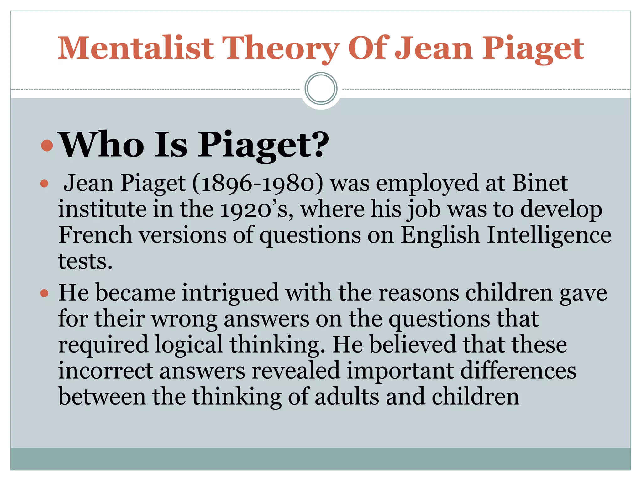 Mentalist Theory By Jean Piaget. BS English (4th Semester) The Women ...