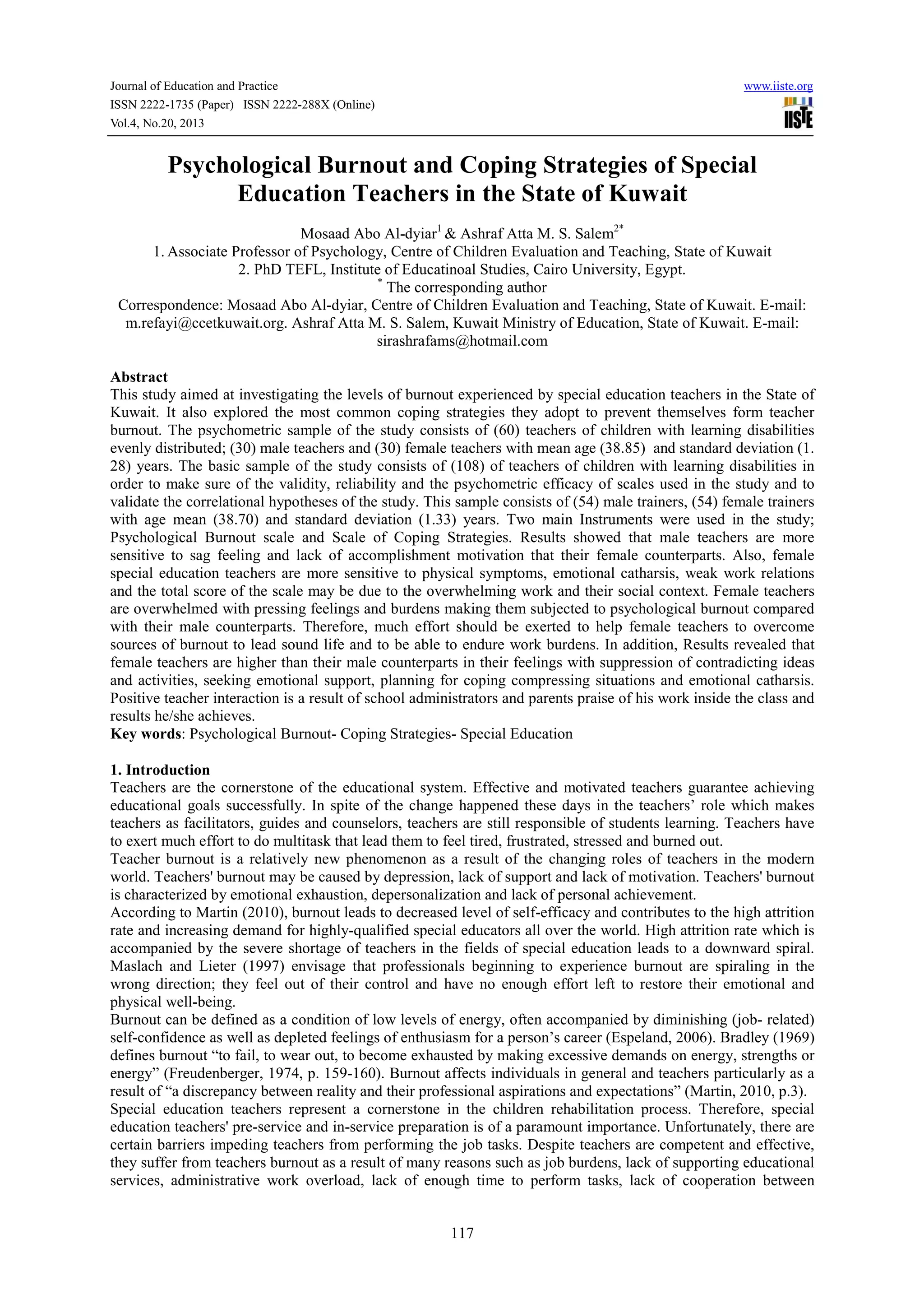 Psychological burnout and coping strategies of special education ...