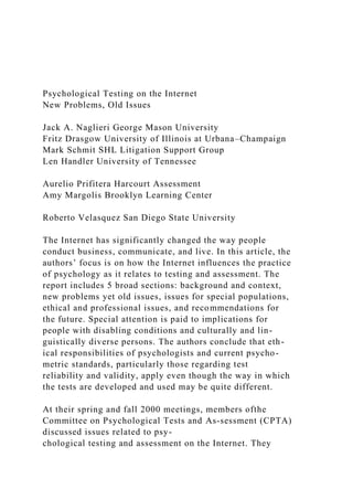 Psychological Testing on the InternetNew Problems, Old Issue.docx