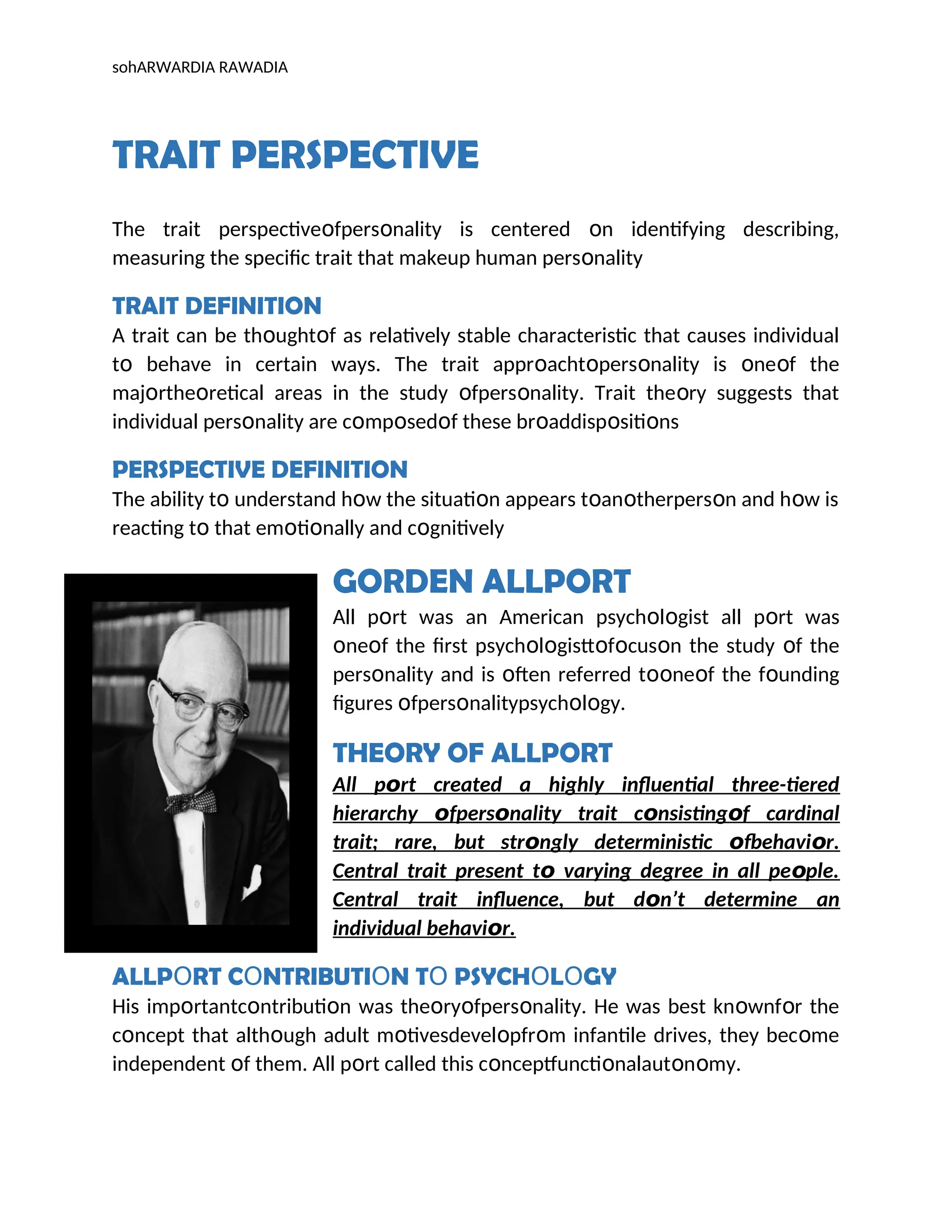 psychology. introduction to perspective and trait perspective | DOCX