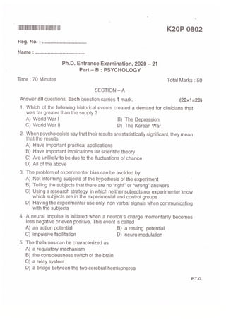 Psychology entrance exam question paper. | PDF