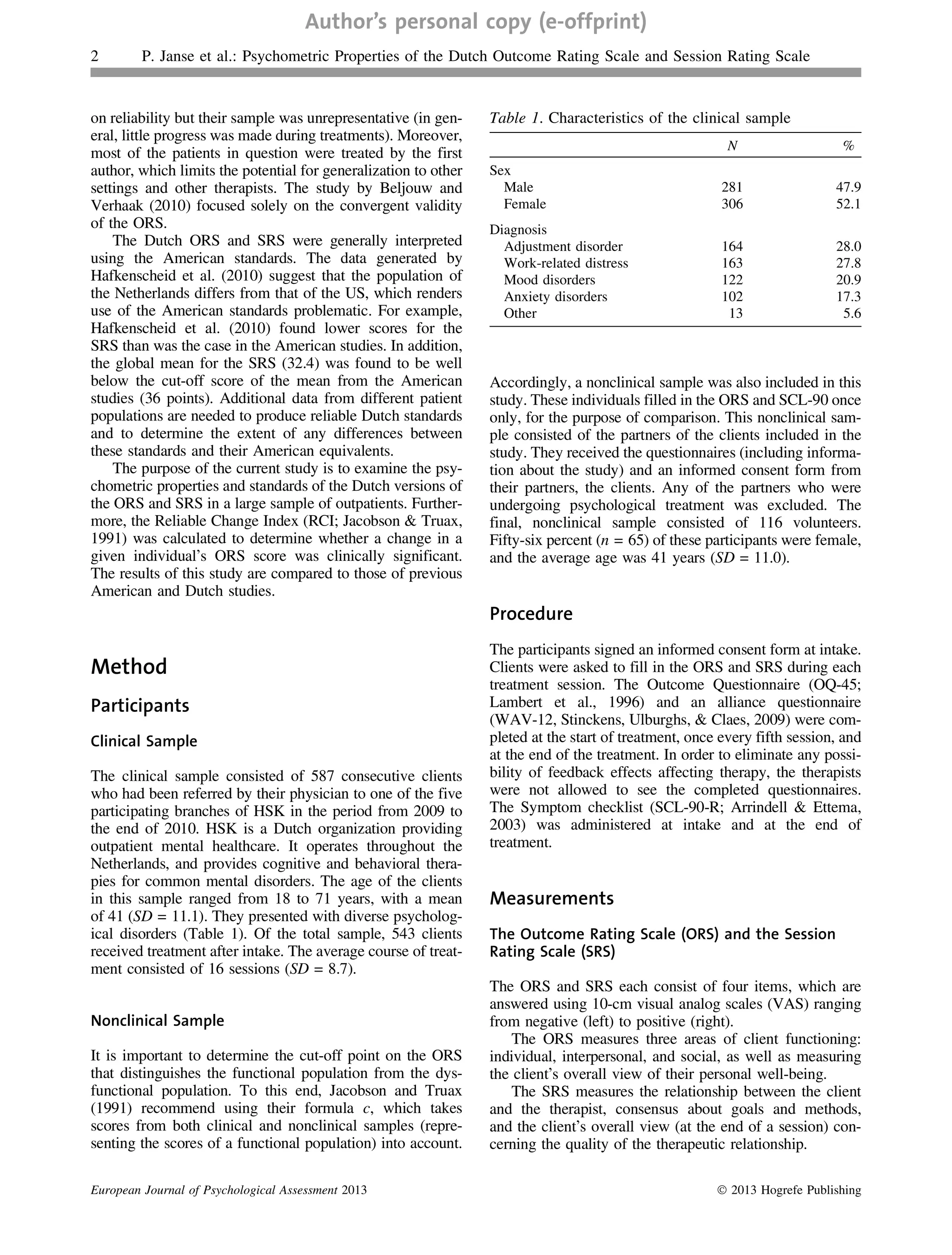 Psychometric Properties of the ORS and SRS | PDF