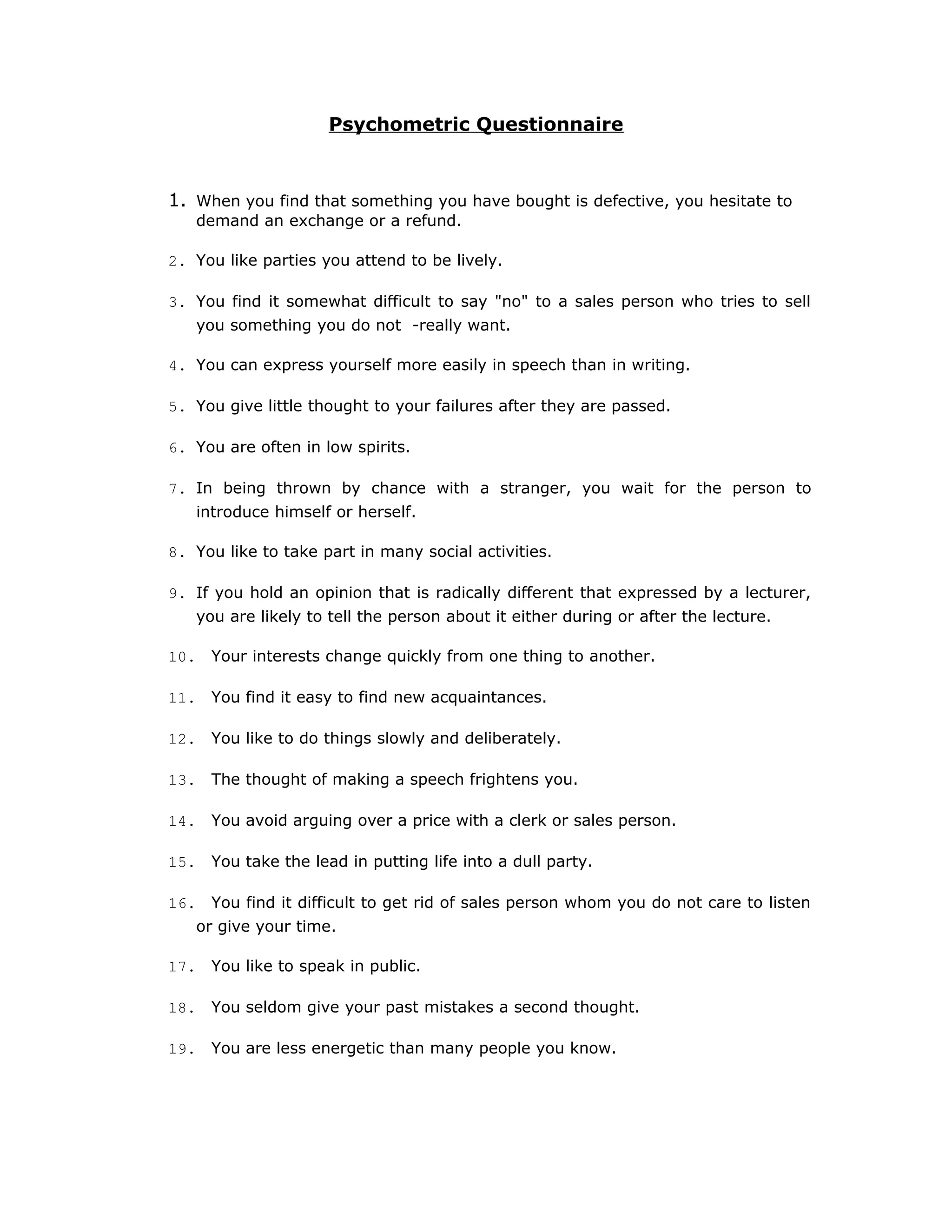 Psychometric questionnaire | PDF