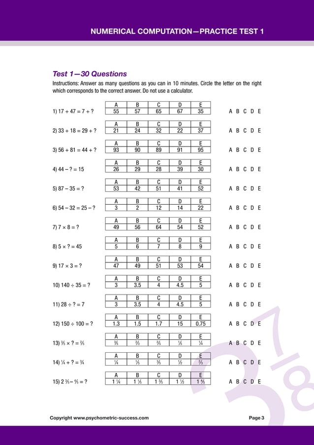 Psychometric success numerical ability computation practice test 1 | PDF