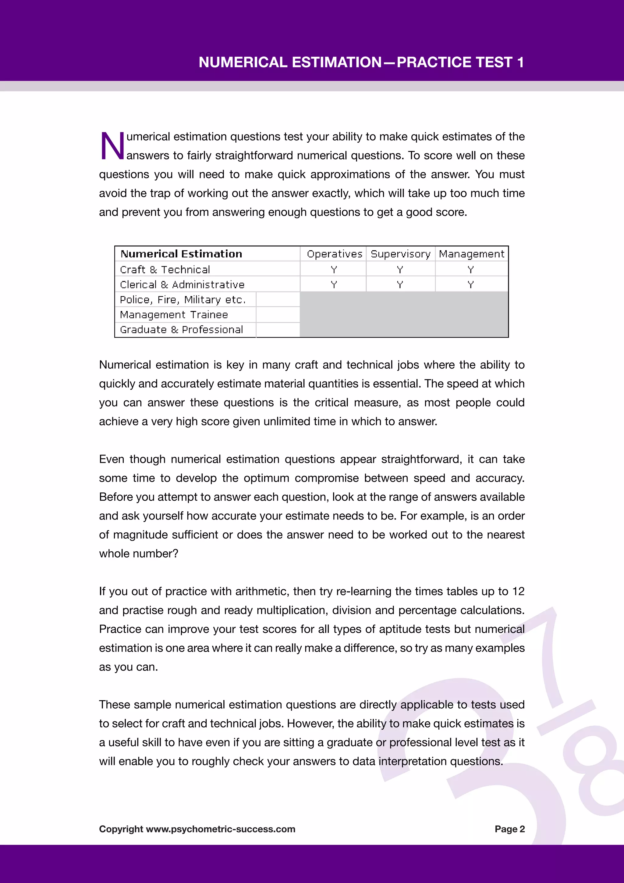 Psychometric success numerical ability estimation practice test 1 | PDF