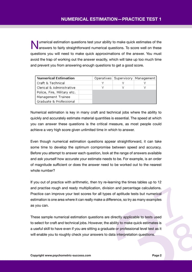 Psychometric success numerical ability estimation practice test 1 | PDF