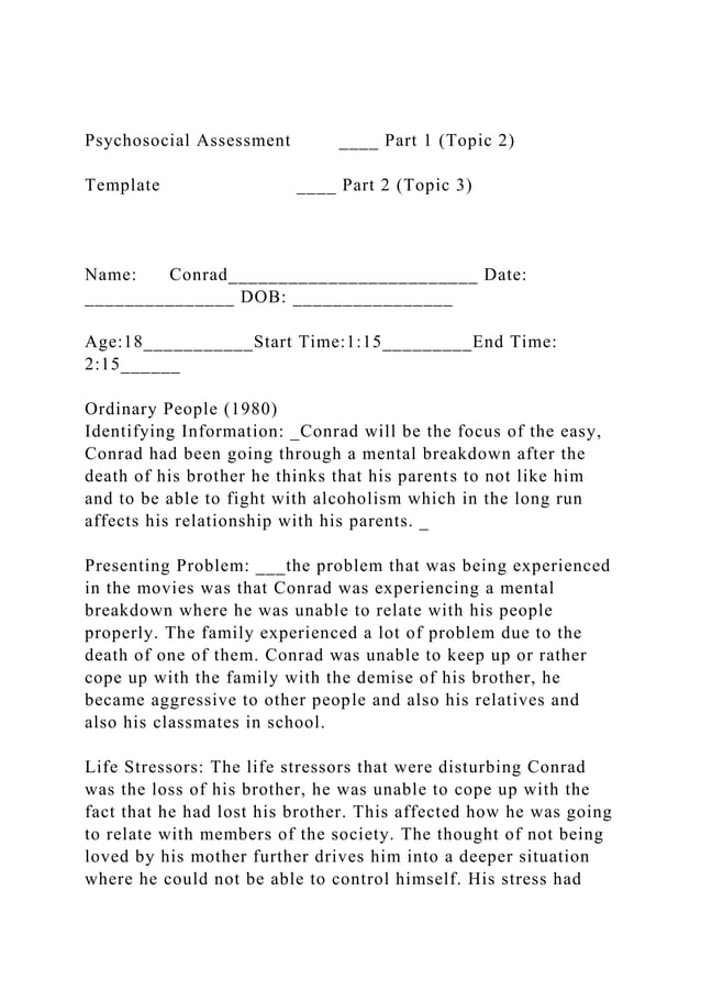 Psychosocial Assessment____ Part 1 (Topic 2) .docx | Mental Health | Diseases and Conditions